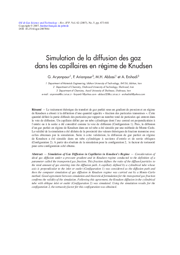 (PDF) Simulation de la diffusion des gaz dans les capillaires en régime ...
