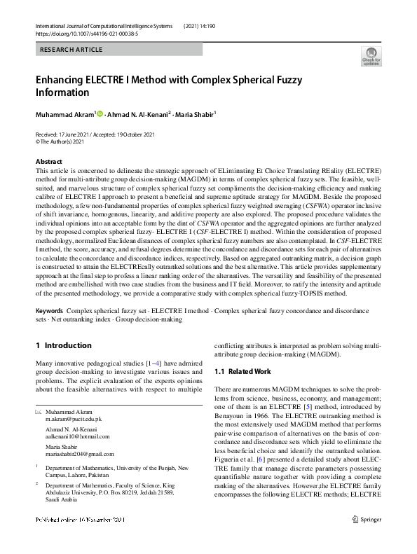 (PDF) Enhancing ELECTRE I Method with Complex Spherical Fuzzy Information