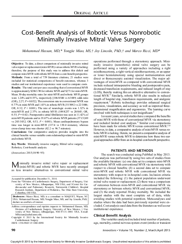 (PDF) Cost-Benefit Analysis of Robotic versus Nonrobotic Minimally ...