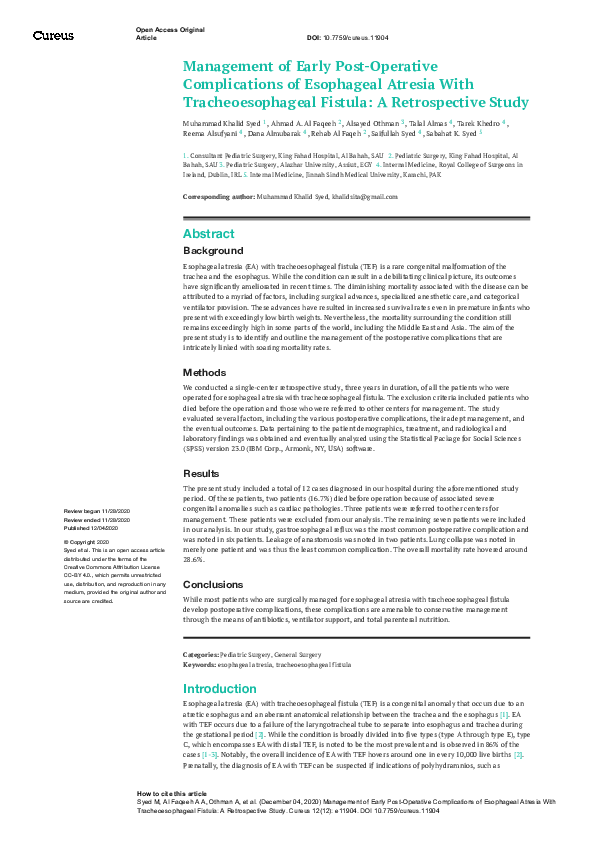 Pdf Management Of Early Post Operative Complications Of Esophageal