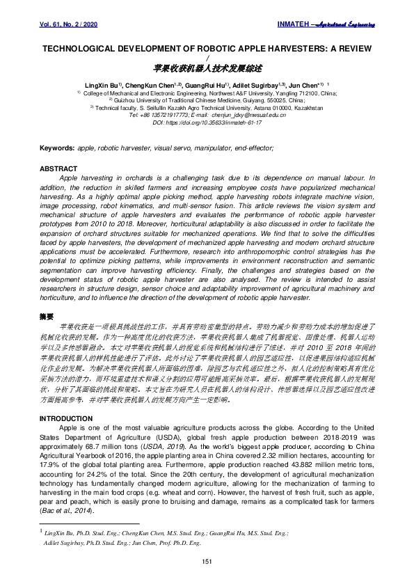 (PDF) Technological Development of Robotic Apple Harvesters: A Review