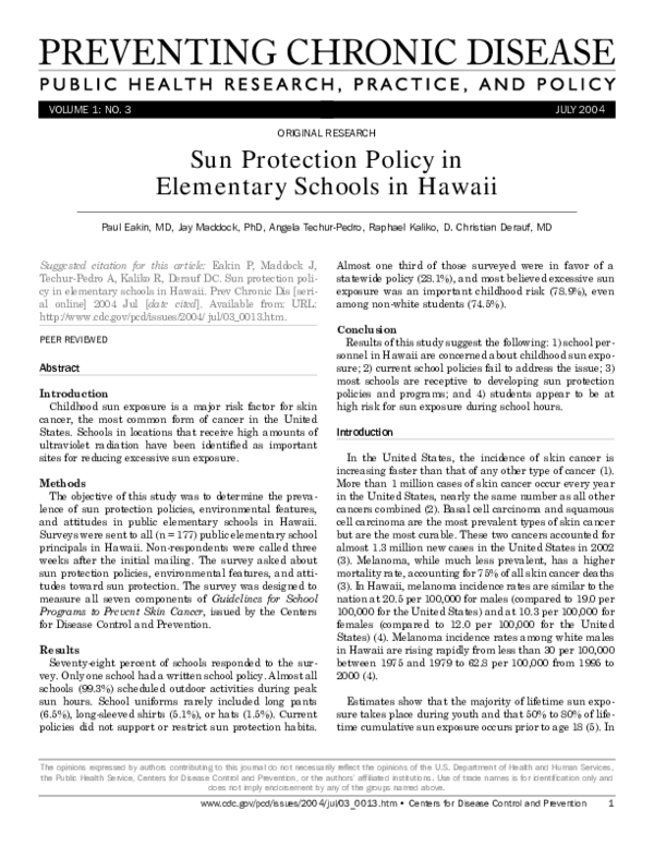 (PDF) PEER REVIEWED: Sun Protection Policy in Elementary Schools in Hawaii