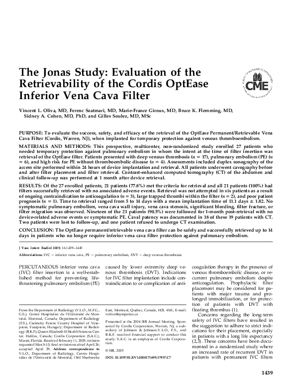 (PDF) The Jonas Study: Evaluation of the Retrievability of the Cordis ...
