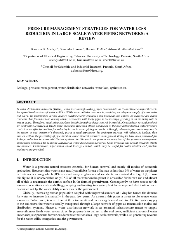 Pdf Pressure Management Strategies For Water Loss Reduction In Large Scale Water Piping