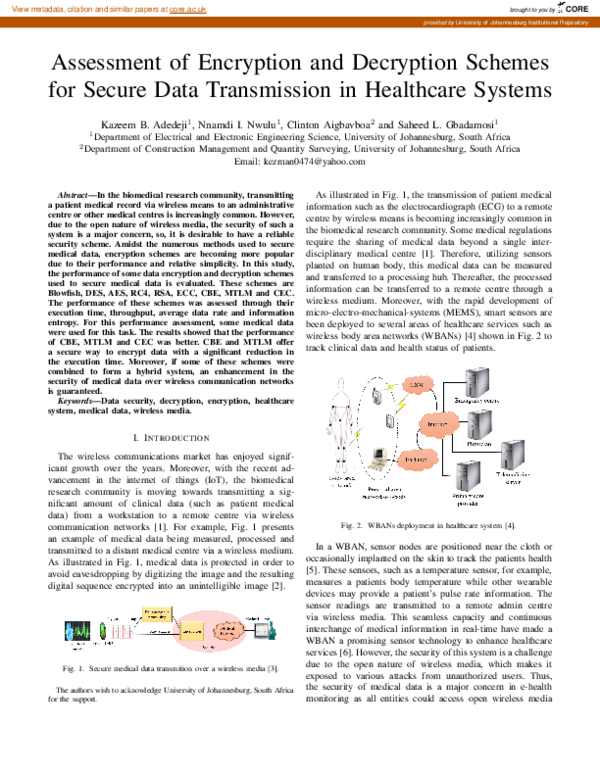 (PDF) Assessment of Encryption and Decryption Schemes for Secure Data Transmission in Healthcare ...