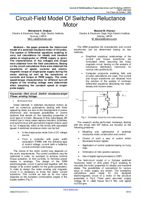 (PDF) Circuit-Field Model Of Switched Reluctance Motor