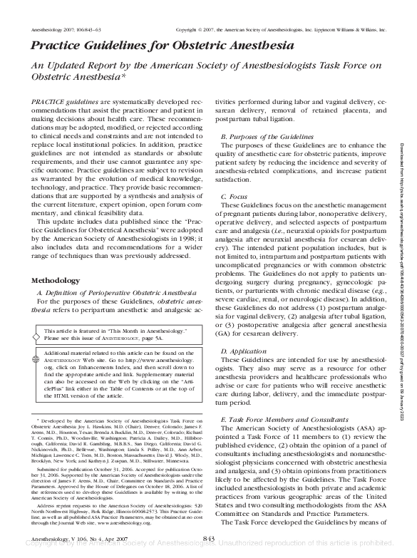 (PDF) Practice Guidelines for Obstetric Anesthesia