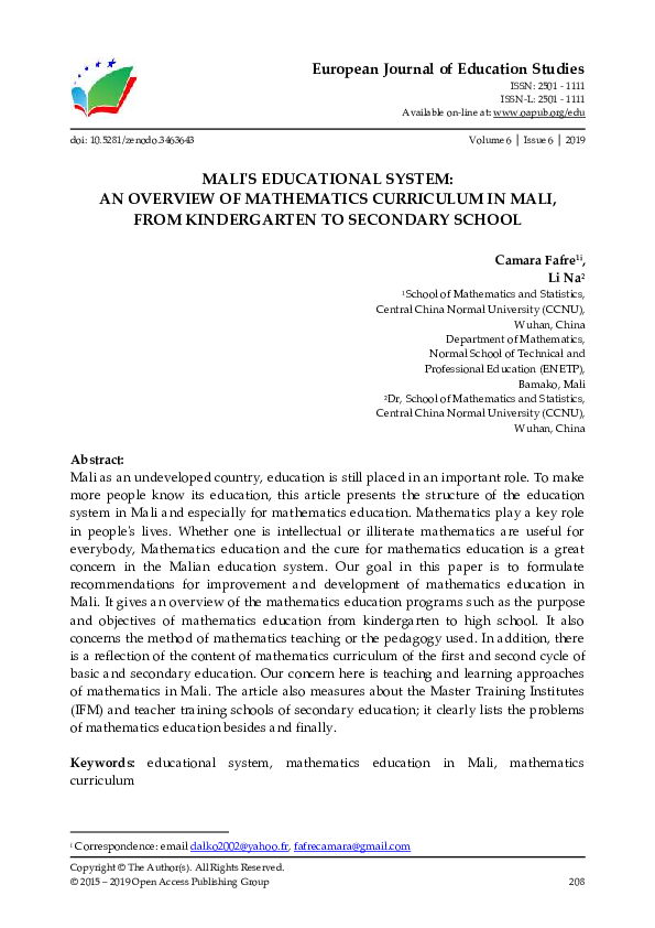 (PDF) Mali's Educational System: An Overview of Mathematics Curriculum ...