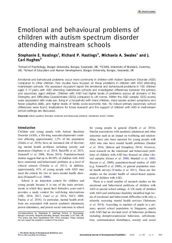 (PDF) Emotional and behavioural problems of children with autism spectrum disorder attending ...