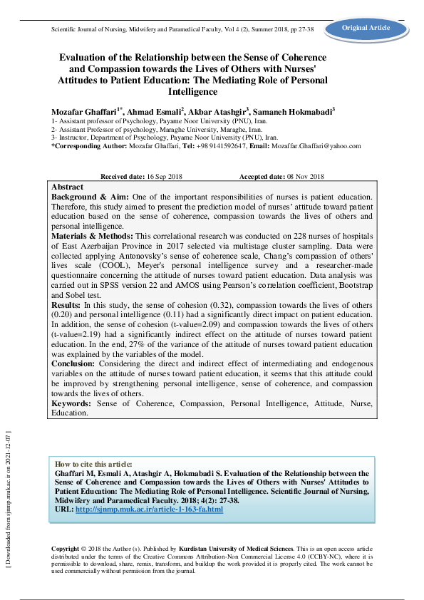 (PDF) Evaluation of the Relationship between the Sense of Coherence and Compassion towards the ...