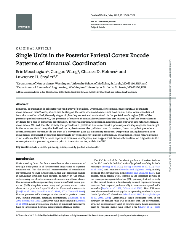(PDF) Single Units in the Posterior Parietal Cortex Encode Patterns of Bimanual Coordination