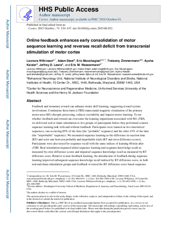 (PDF) Online feedback enhances early consolidation of motor sequence ...
