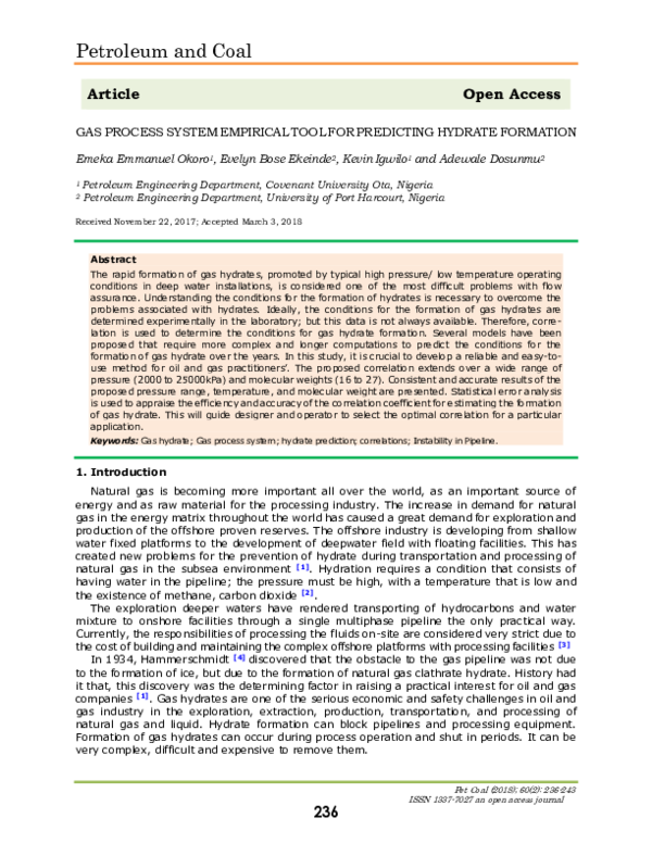 (PDF) Gas Process System Empirical Tool for Predicting Hydrate Formation