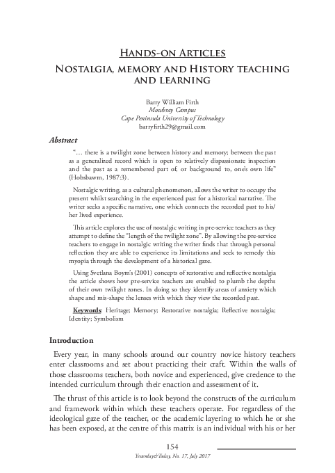 (PDF) Nostalgia, memory and History teaching and learning