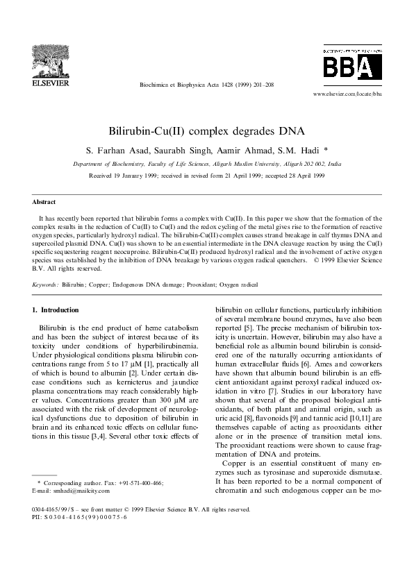 (PDF) Bilirubin-Cu(II) complex degrades DNA | saurabh Singh - Academia.edu