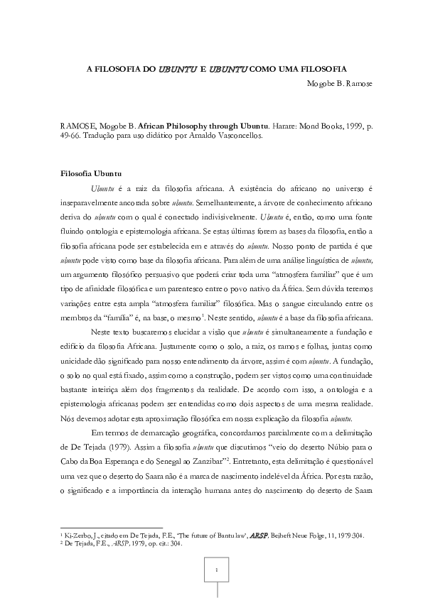 (PDF) Mogobe B Ramose A filosofia do Ubuntu e Ubuntu como uma filosofia