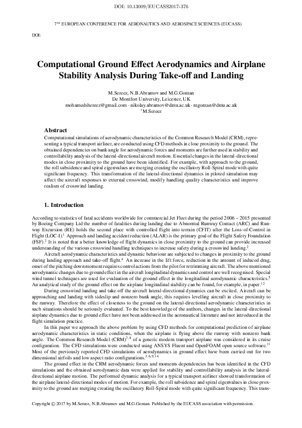 (PDF) Computational Ground Effect Aerodynamics and Airplane Stability Analysis During Take-off ...