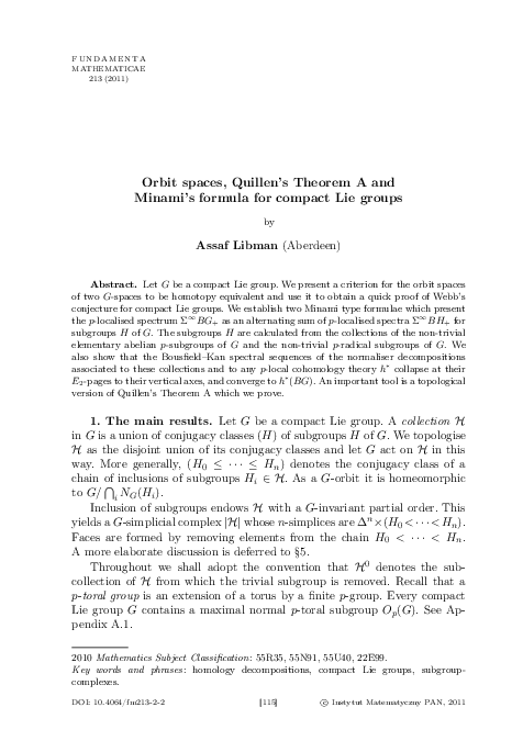 (PDF) Orbit spaces, Quillen's Theorem A and Minami's formula for compact Lie groups | Assaf ...