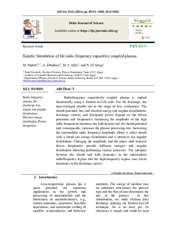 (PDF) Kinetic Simulation of He radio frequency capacitively coupled plasma