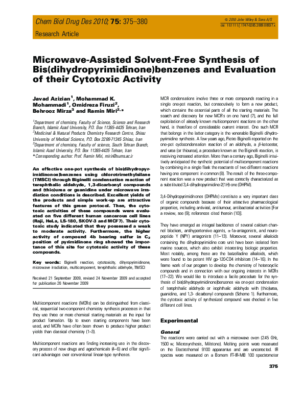 (PDF) Microwave-Assisted Solvent-Free Synthesis of Bis(dihydropyrimidinone)benzenes and ...