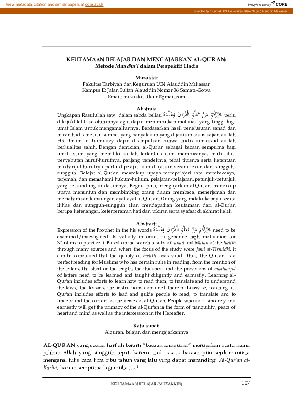 (PDF) KEUTAMAAN BELAJAR DAN MENGAJARKAN AL-QUR'AN: Metode Maudhu’i dalam Perspektif Hadis