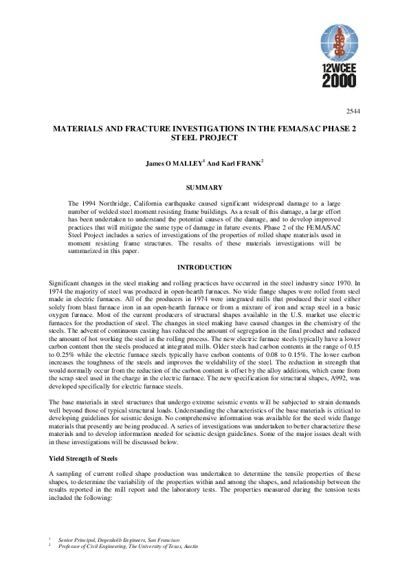 (PDF) And Fracture Investigations in the Fema / Sac Phase 2 Steel Project