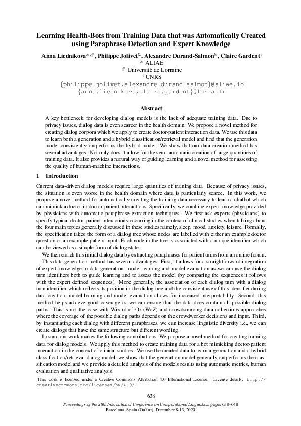 (PDF) Learning Health-Bots from Training Data that was Automatically Created using Paraphrase ...
