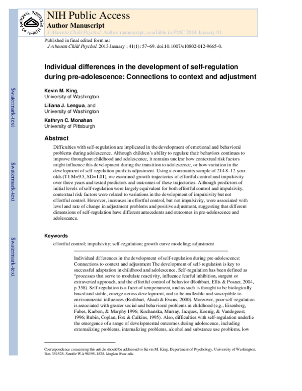 (PDF) Individual Differences in the Development of Self-Regulation During Pre-adolescence ...
