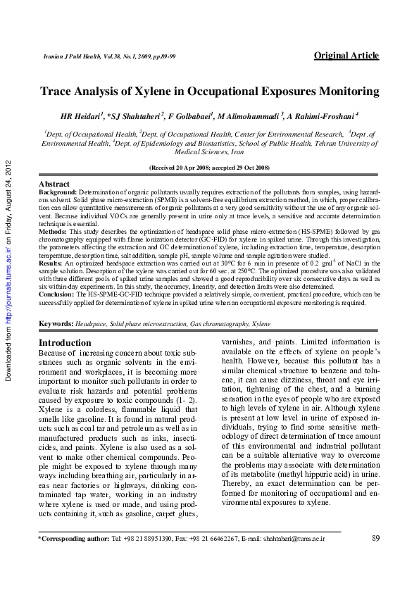 (PDF) Trace Analysis of Xylene in Occupational Exposures Monitoring