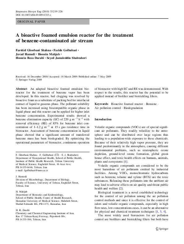 (PDF) A bioactive foamed emulsion reactor for the treatment of benzene ...