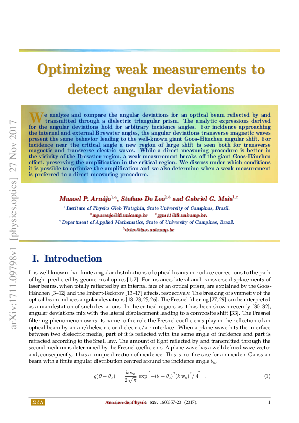 (PDF) Optimizing Weak Measurements to Detect Angular Deviations