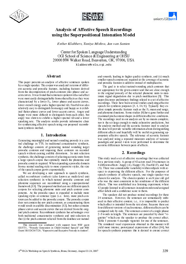 Pdf Analysis Of Affective Speech Recordings Using The Superpositional Intonation Model