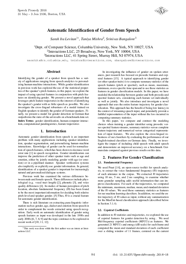 (PDF) Automatic identification of gender from speech