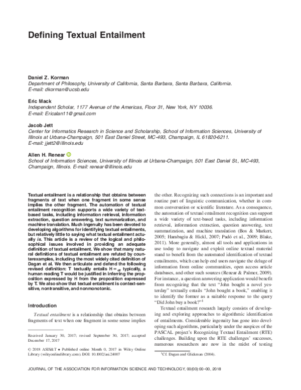 (PDF) Defining textual entailment