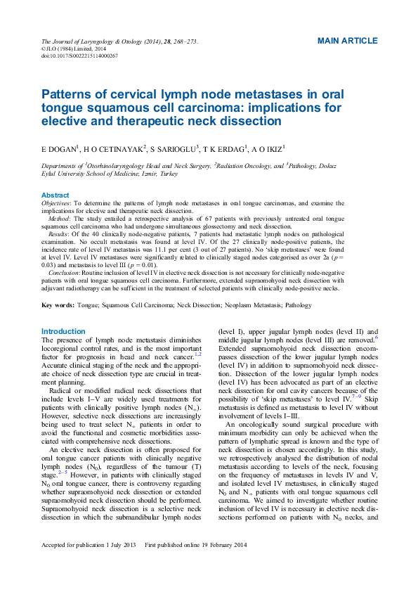 (PDF) Patterns of cervical lymph node metastases in oral tongue ...