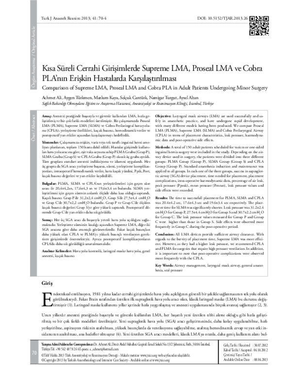 (PDF) Comparison of Supreme LMA, Proseal LMA and Cobra PLA in adult patients undergoing minor ...