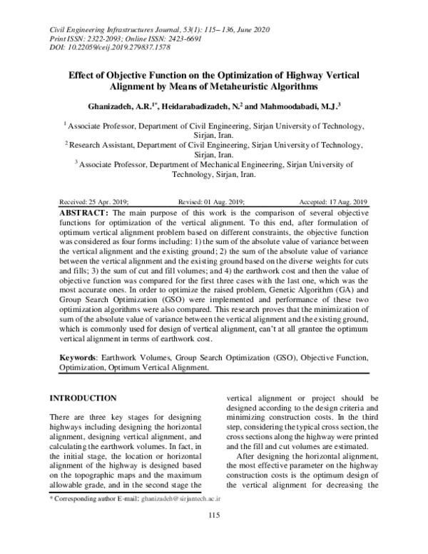 (PDF) Effect of Objective Function on the Optimization of Highway Vertical Alignment by Means of ...