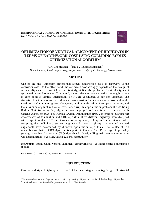 Pdf Optimization Of Vertical Alignment Of Highways In Terms Of Earthwork Cost Using Colliding