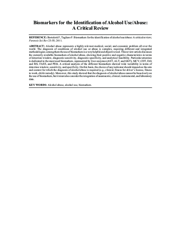(PDF) Biomarkers for the Identification of Alcohol Use/Abuse: A ...