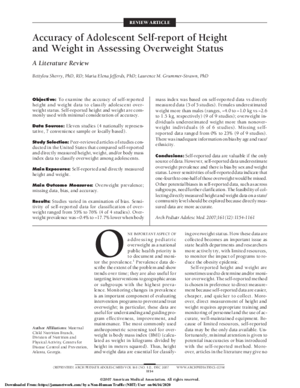 Pdf Accuracy Of Adolescent Self Report Of Height And Weight In