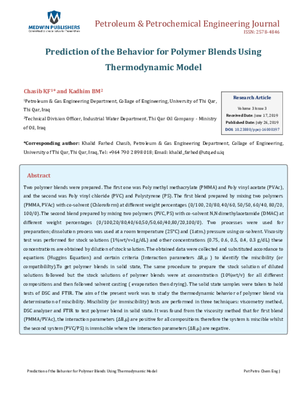 (PDF) Prediction of the Behavior for Polymer Blends Using Thermodynamic ...