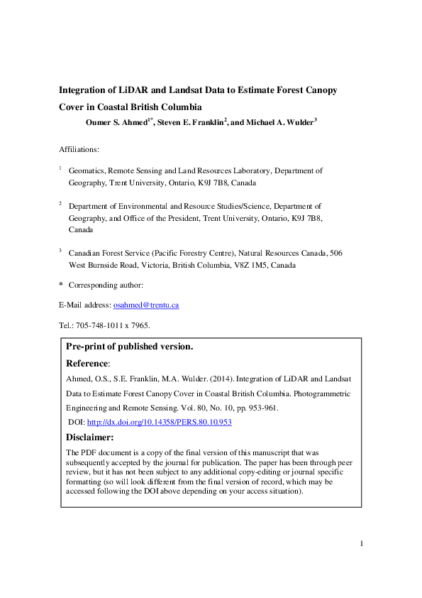 (PDF) Integration of Lidar and Landsat Data to Estimate Forest Canopy Cover in Coastal British ...