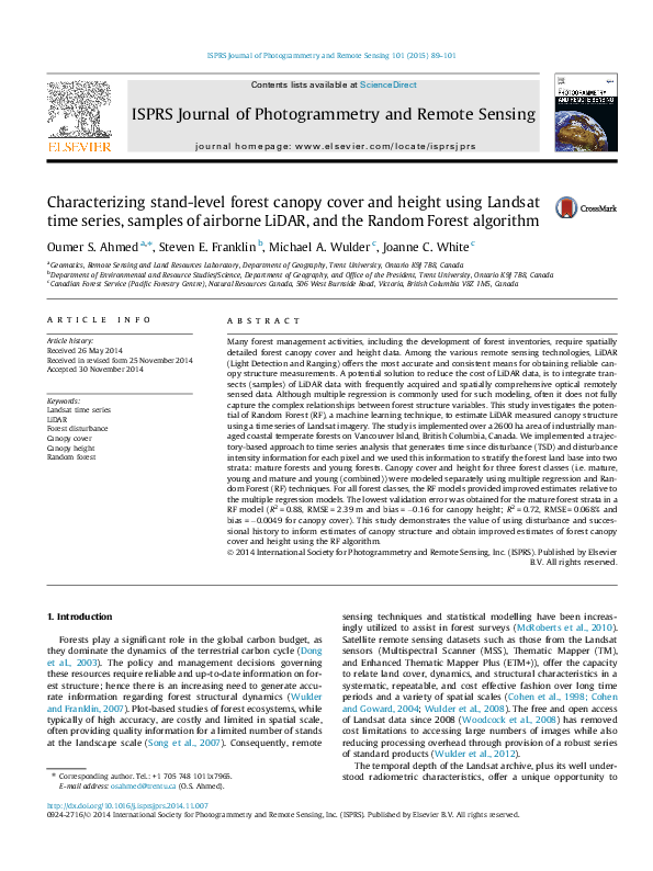 Pdf Characterizing Stand Level Forest Canopy Cover And Height Using Landsat Time Series