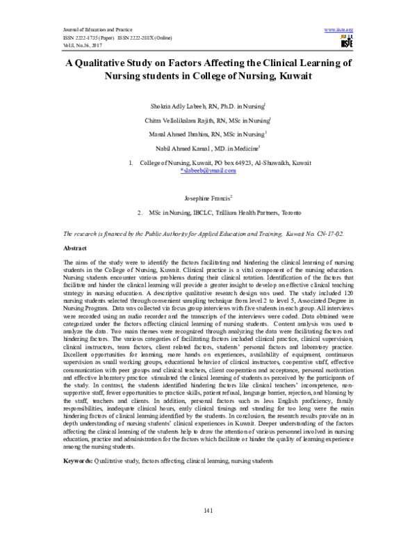 (PDF) A Qualitative Study on Factors Affecting the Clinical Learning of Nursing students in ...