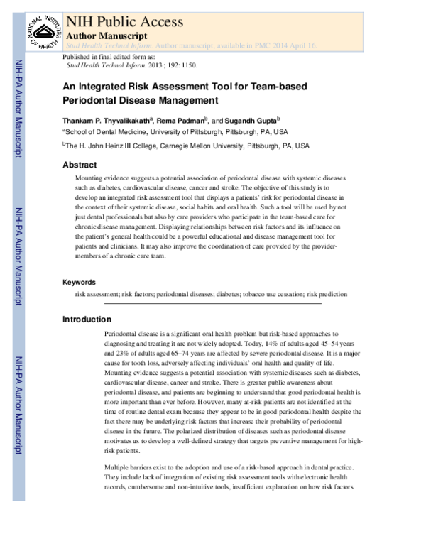 (PDF) An Integrated Risk Assessment Tool for Team-based Periodontal ...