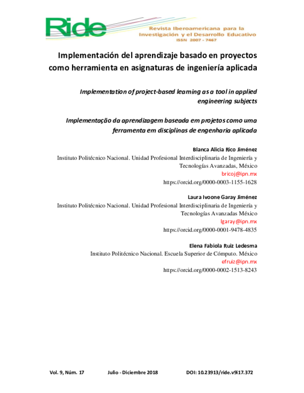 (PDF) Implementación del aprendizaje basado en proyectos como herramienta en asignaturas de ...