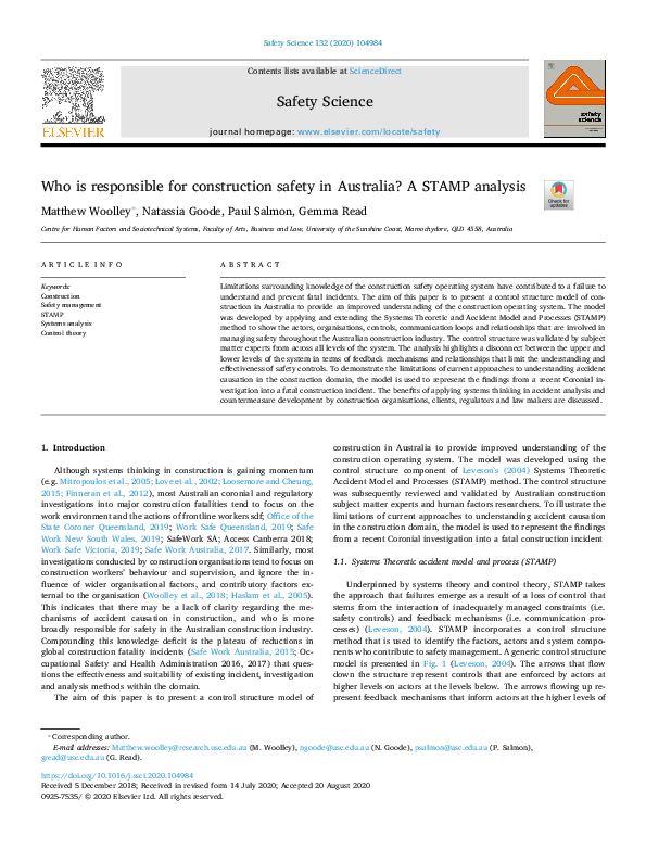 (PDF) Who is responsible for construction safety in Australia? A STAMP ...