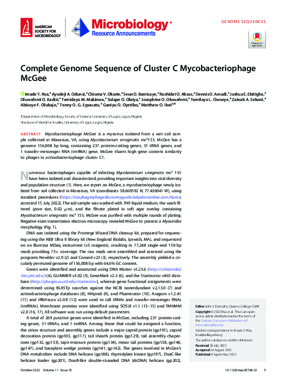 (PDF) Complete Genome Sequence of Cluster C Mycobacteriophage McGee