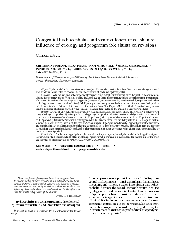 (PDF) Congenital hydrocephalus and ventriculoperitoneal shunts ...