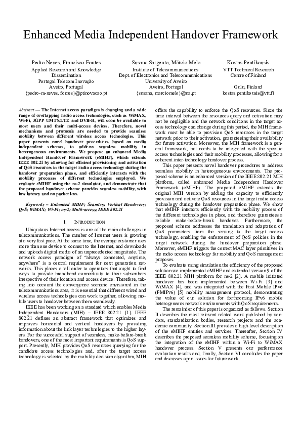 (PDF) Enhanced Media Independent Handover Framework | Marcio Eduardo ...